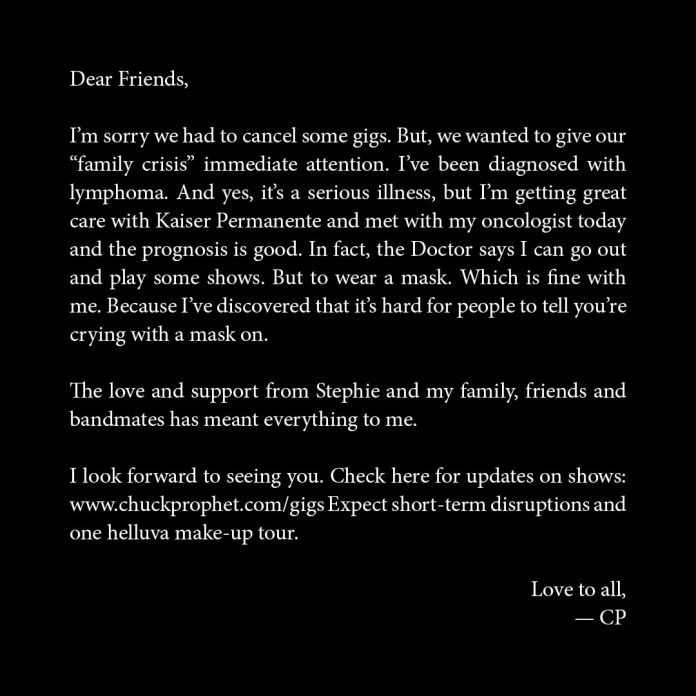 Chuck Prophet cancela sus conciertos tras ser diagnosticado con cáncer